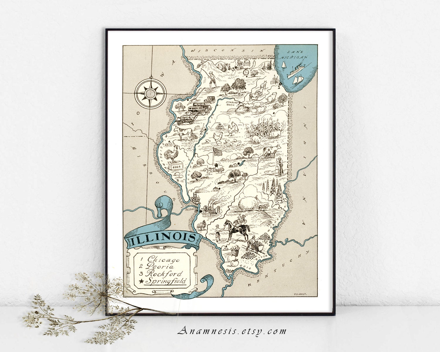ILLINOIS MAP Instant Digital Download Printable Map Art for Framing ...