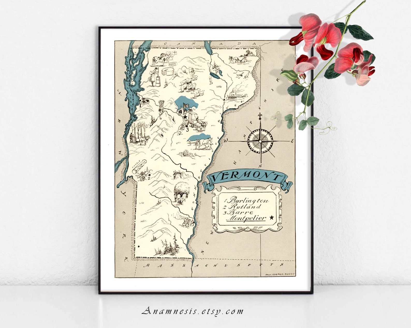 VERMONT MAP - Instant Digital Download - Vintage Printable State Map ...