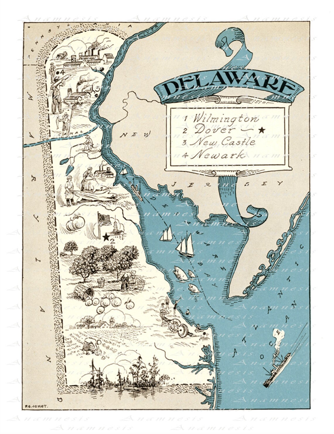 DELAWARE MAP - Instant Digital Download - Printable Vintage State Map ...