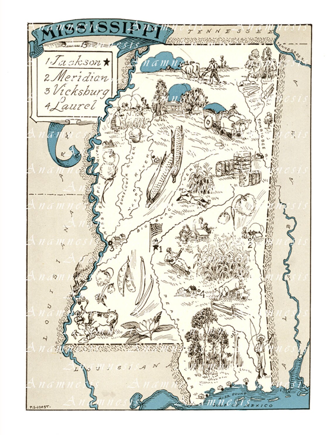 Fun Vintage MISSISSIPPI PICTURE MAP - Digital Image Download ...