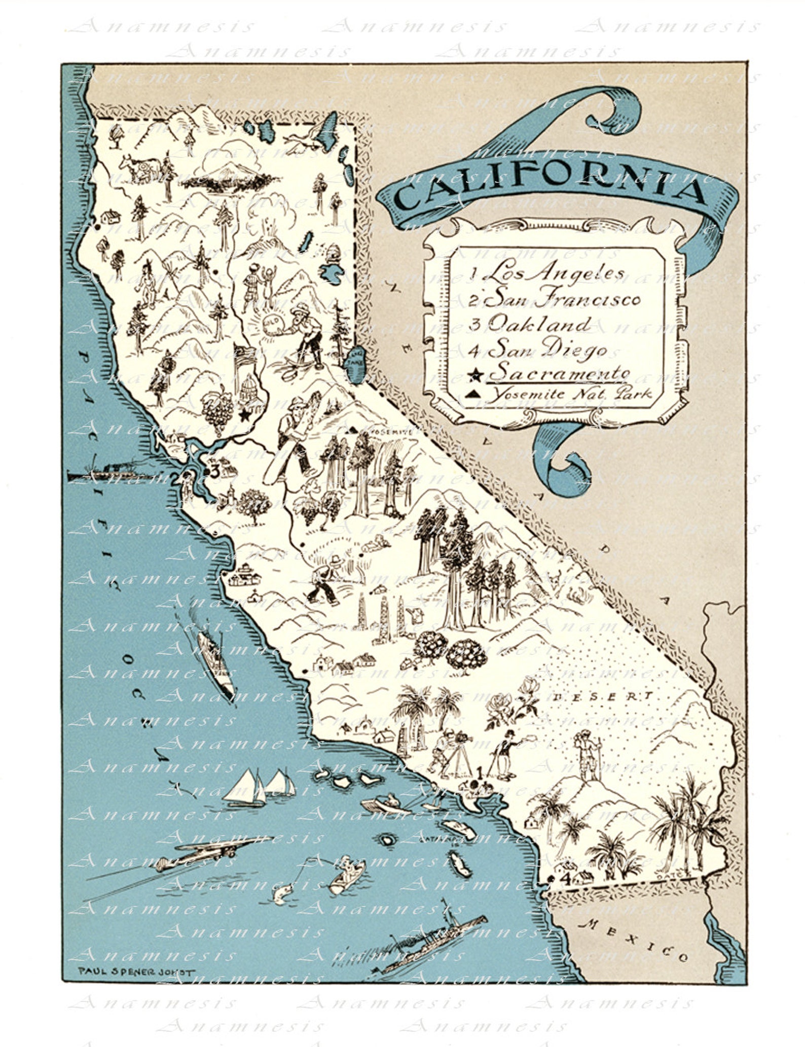 CALIFORNIA MAP Print Digital Download - Printable Vintage Map for ...