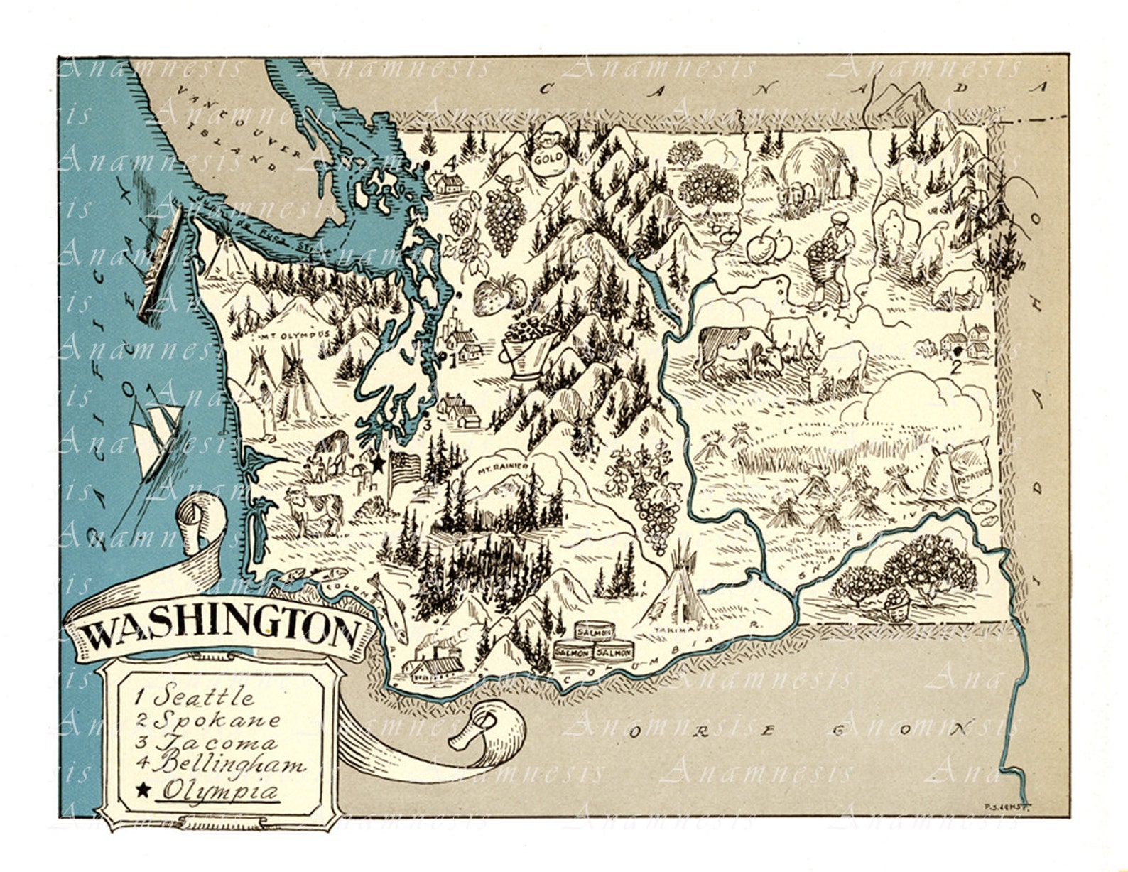 WASHINGTON MAP PRINT Printable Instant Digital Download Vintage ...