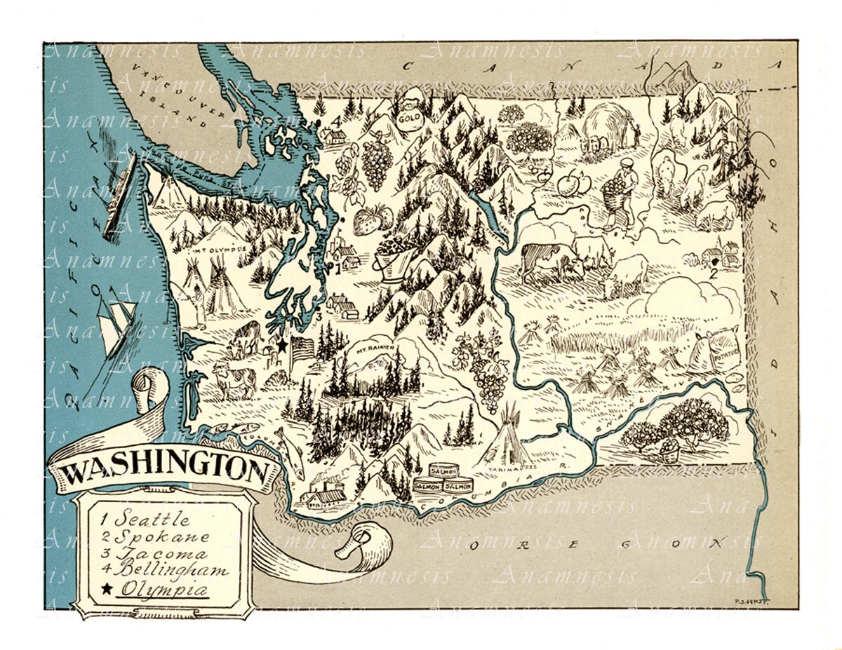 WASHINGTON MAP PRINT Printable Instant Digital Download Vintage ...
