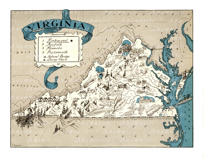 VIRGINIA MAP Instant Digital Download Printable Vintage Map for Framing ...