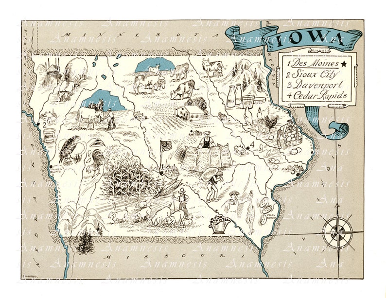 IOWA MAP Instant Digital Download Printable Vintage Map for Framing ...