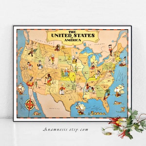 UNITED STATES Map Print Digital Download - Vintage U.S. Picture Map to ...