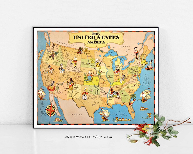 UNITED STATES Map Print Digital Download Vintage U.S. Picture Map to ...