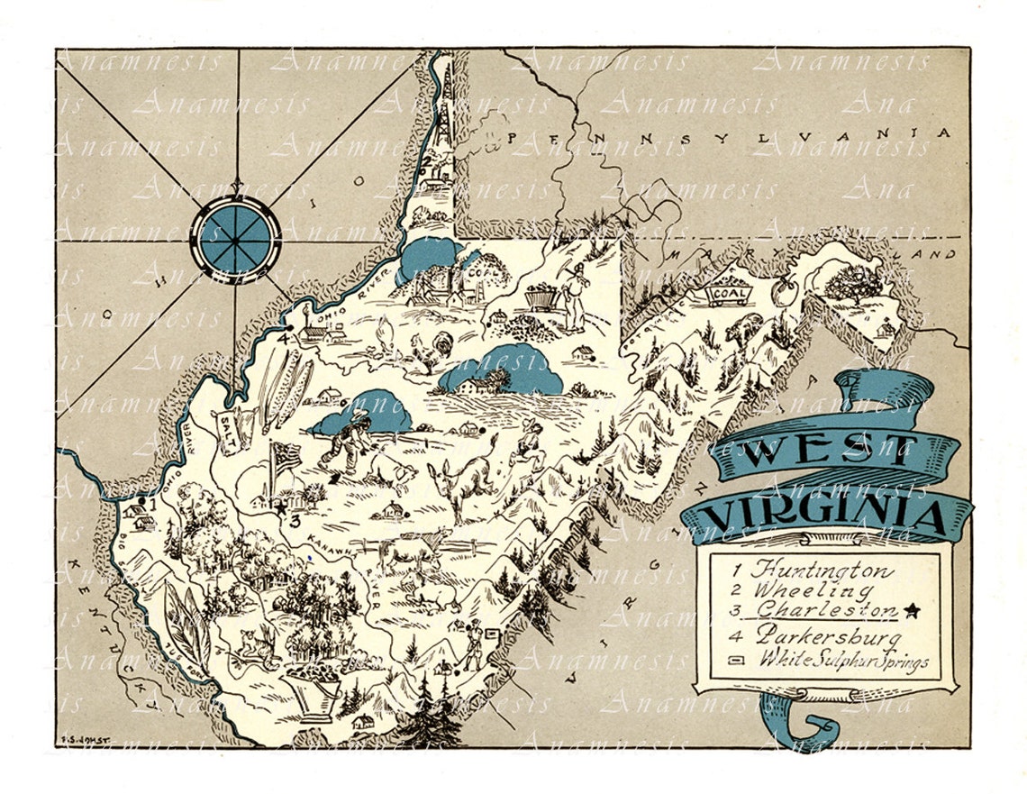 MAPA de VIRGINIA occidental arte vintage mapa ilustrado descarga ...
