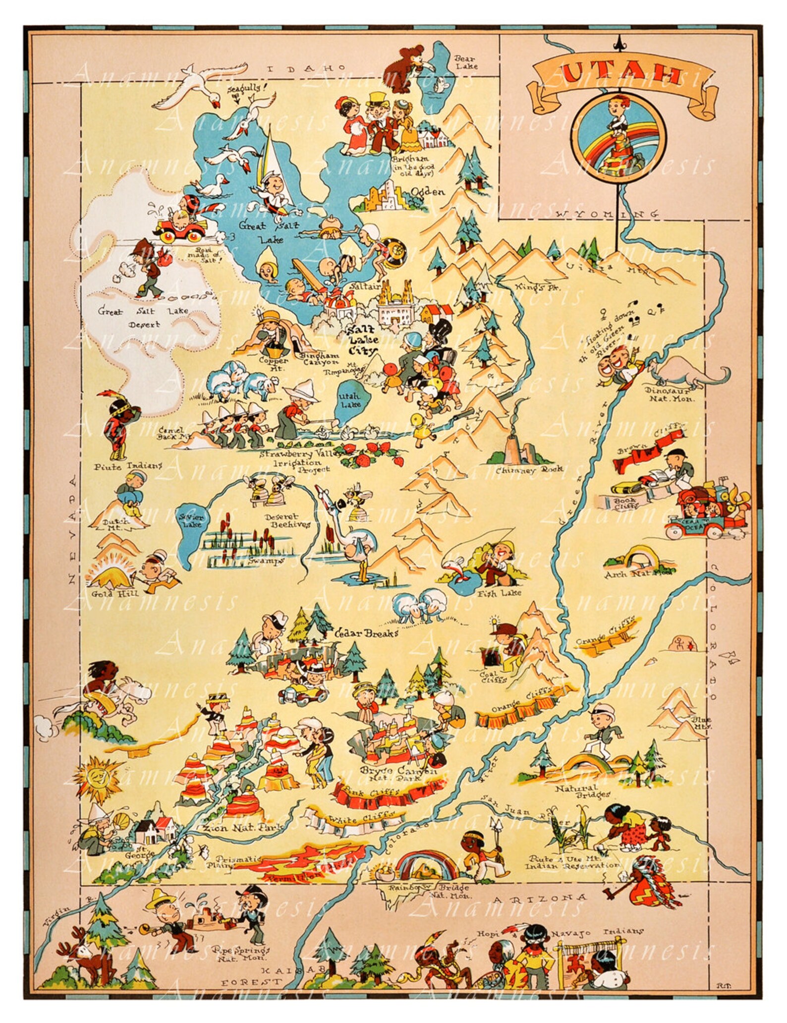 UTAH MAP - High Res Digital Image - Retro Picture Map to Print and ...