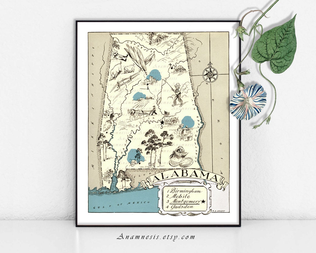 ALABAMA MAP - Instant Digital Download - Printable Vintage Picture Map ...