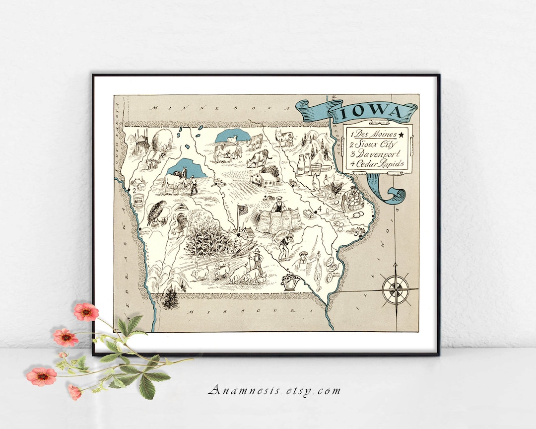 IOWA MAP - Instant Digital Download - Printable Vintage Map for Framing ...