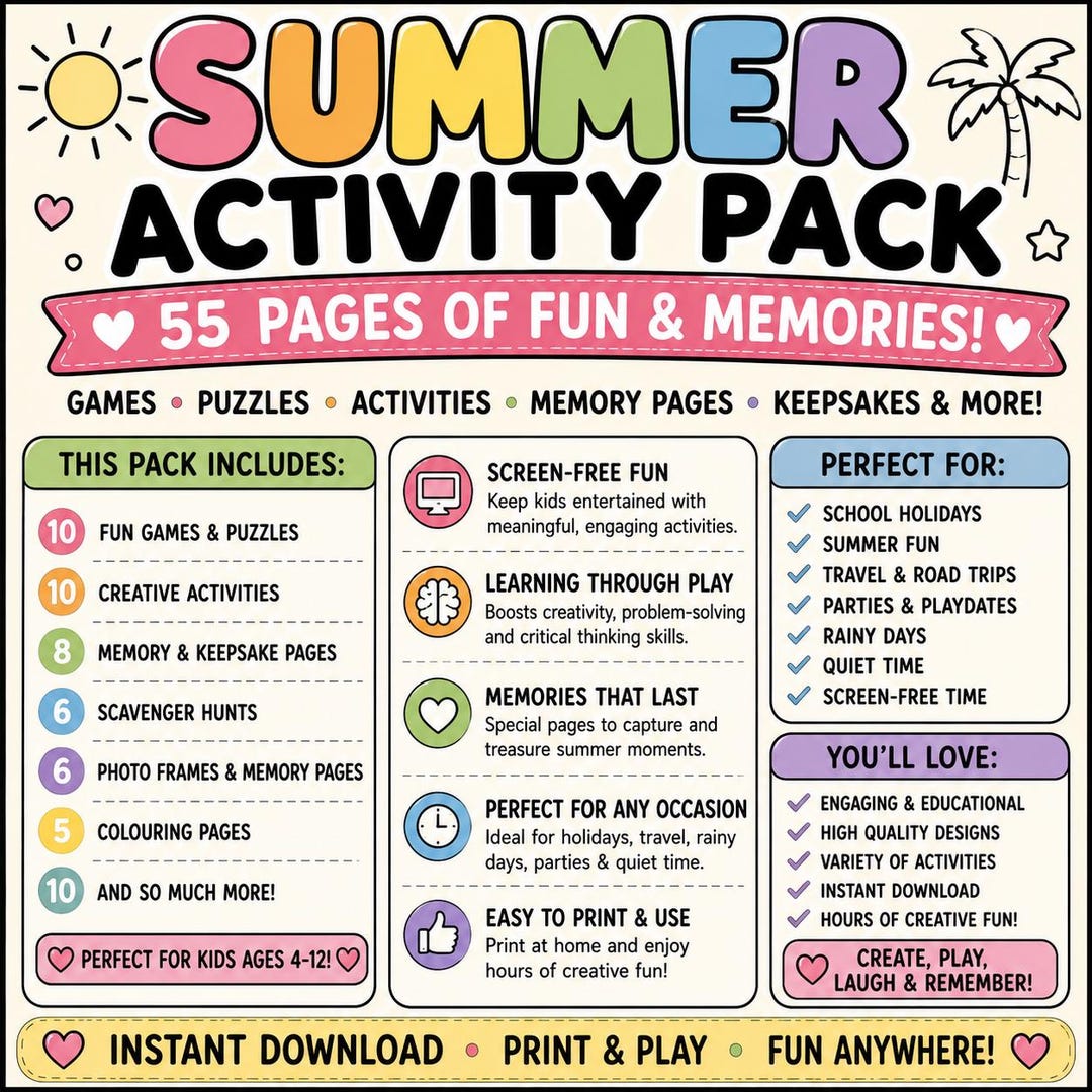 Summer Activity Pack for Kids Printable PDF | 55 Summer Activities ...
