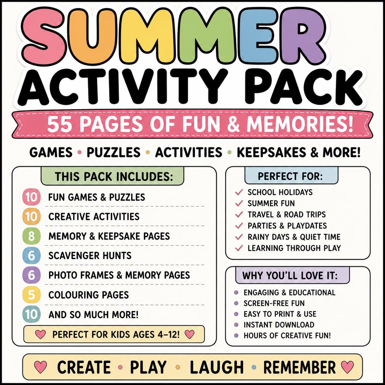 Summer Activity Pack for Kids Printable PDF | 55 Summer Activities ...