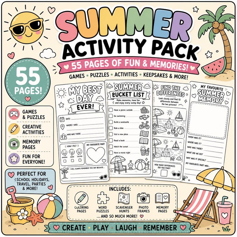 Summer Activity Pack for Kids Printable PDF | 55 Summer Activities ...