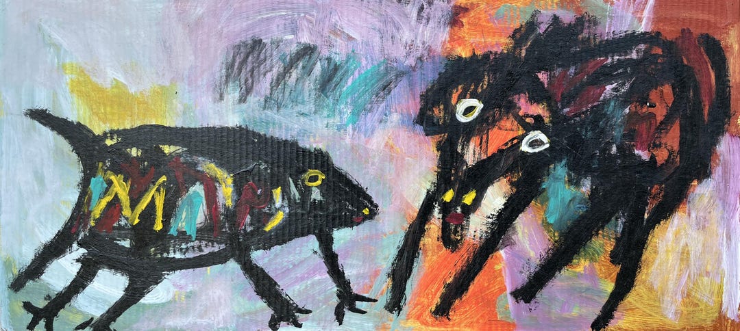 Colorful Acrylic Painting of Two Animals in the Style of Art Brut, Raw ...