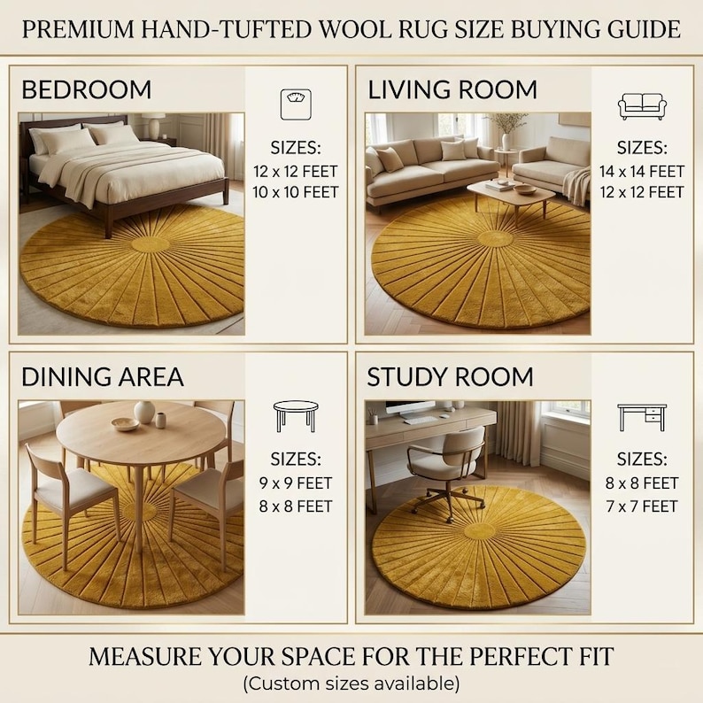 Ochre Sunburst Rug • Mustard Round Rug • Hand Tufted Wool Rug • Yellow ...