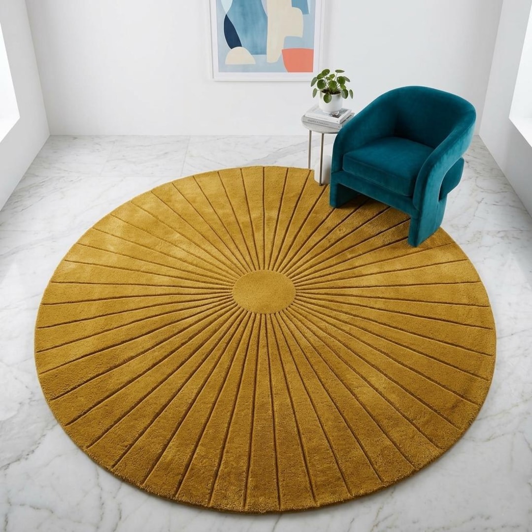 Ochre Sunburst Rug • Mustard Round Rug • Hand Tufted Wool Rug • Yellow ...