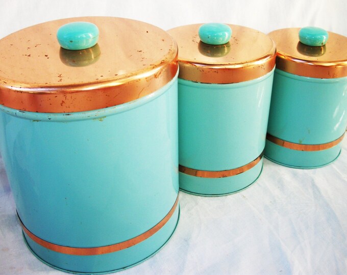 Vintage Turquoise Blue and Copper Kitchen Canister Set - Etsy