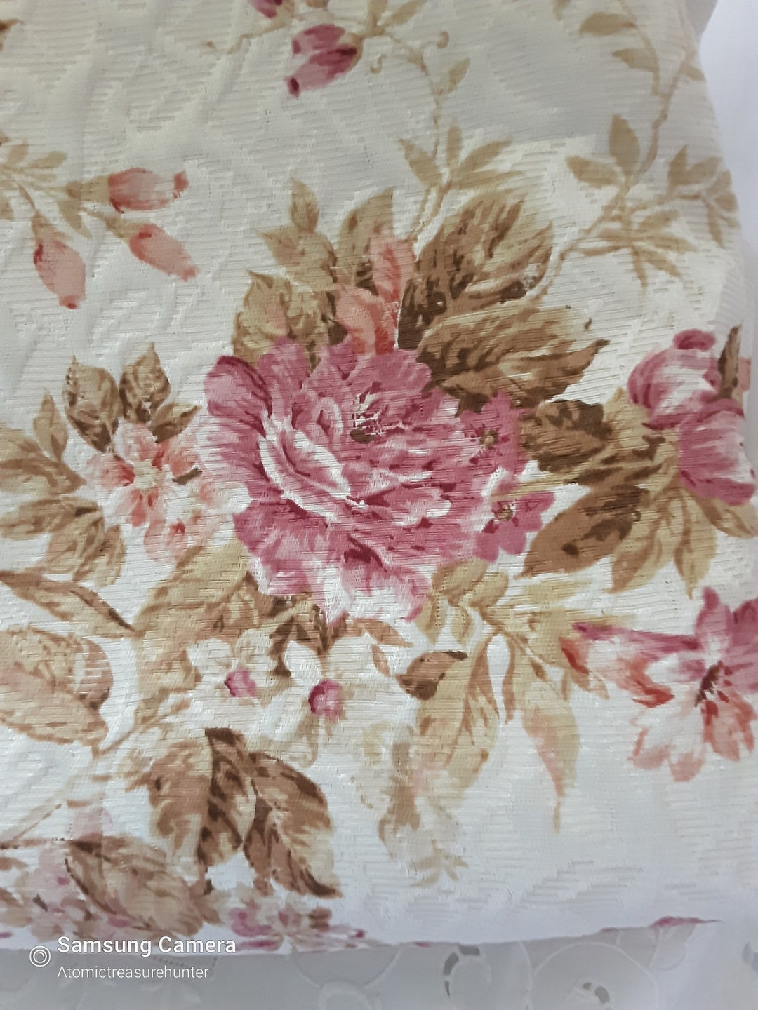 Vintage Cottage Peony Roses Bedspread Made in Spain Barkcloth Style ...