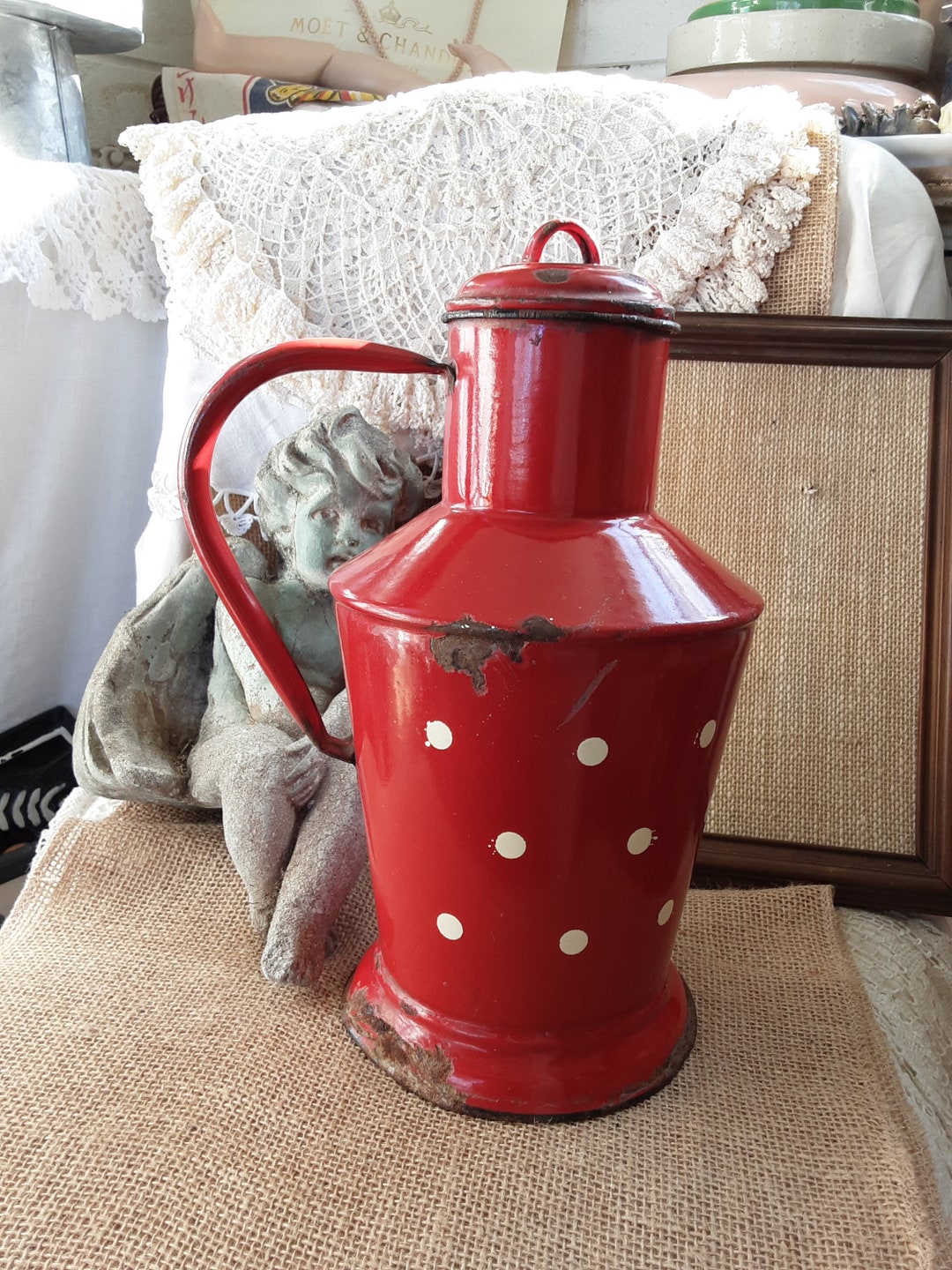 Red With White Dots Antique Enameled Water Jug With Lid/ Cup Mottled ...