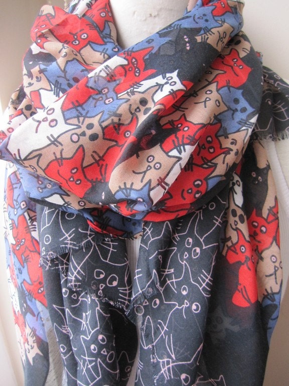 Cat Scarf-animal Scarves-cat Long Scarf-navy Blue Red Gray Cat - Etsy