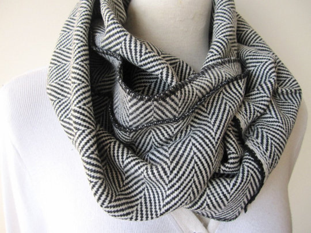 Grey Black Herringbone, Cashmere Infinity Scarf, Super Warm Tweed Wool ...