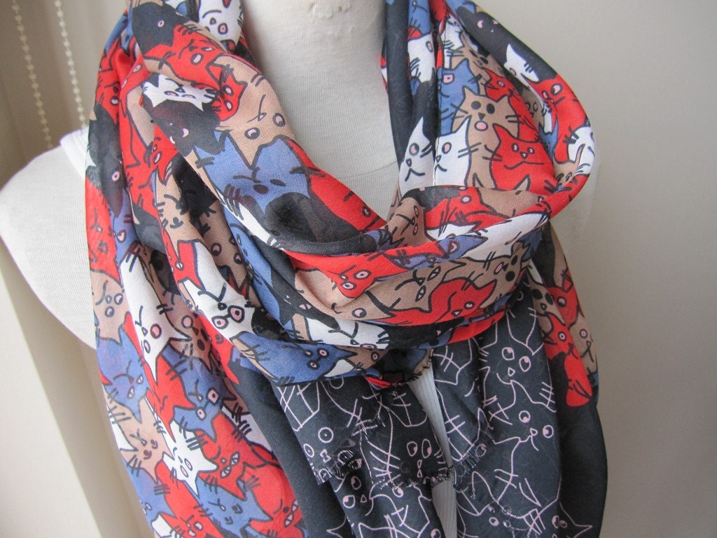 Cat Scarf-animal Scarves-cat Long Scarf-navy Blue Red Gray Cat - Etsy