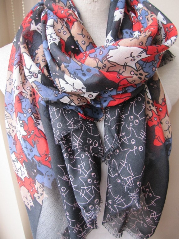 Cat Scarf-animal Scarves-cat Long Scarf-navy Blue Red Gray Cat - Etsy