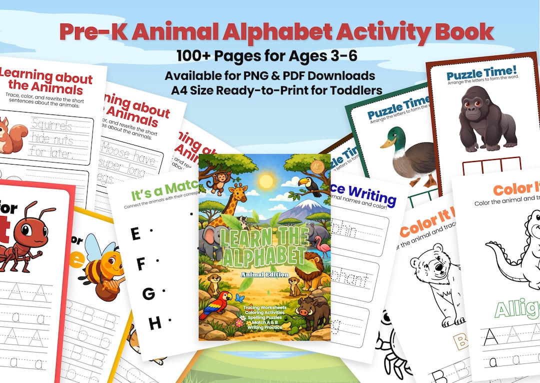 Animal Alphabet Tracing Book | Pre-k ABC Worksheets, Coloring, Writing ...
