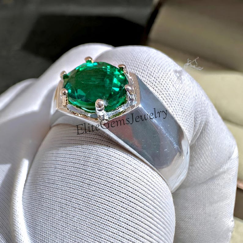 Men's Oval Emerald Sterling Silver Signet Ring, Minimalist Statement ...