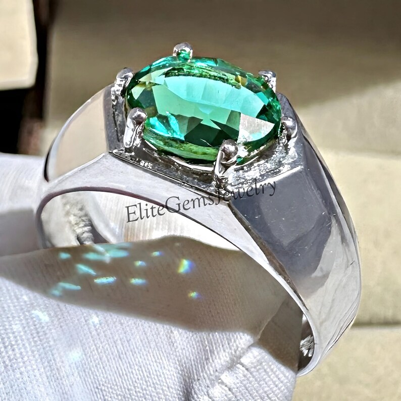 Men's Oval Emerald Sterling Silver Signet Ring, Minimalist Statement ...