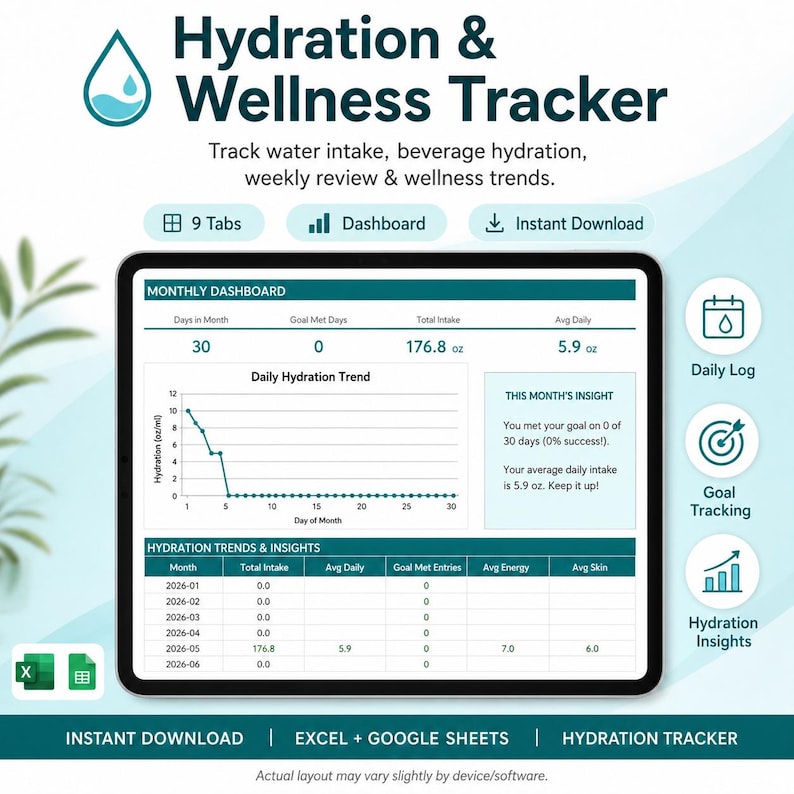 Water Intake Tracker Spreadsheet, Daily Hydration Log (excel Google ...