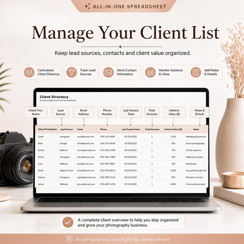 Photographer Booking Tracker Spreadsheet, Photography Client CRM Excel ...