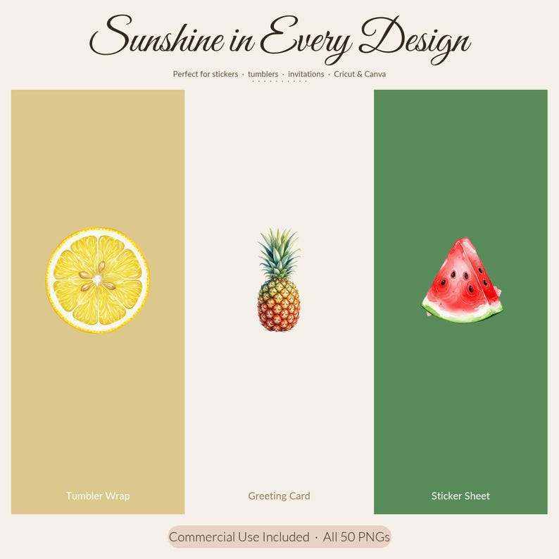 Watercolor Summer Clipart Bundle, Tropical Beach Citrus Pngs (digital ...