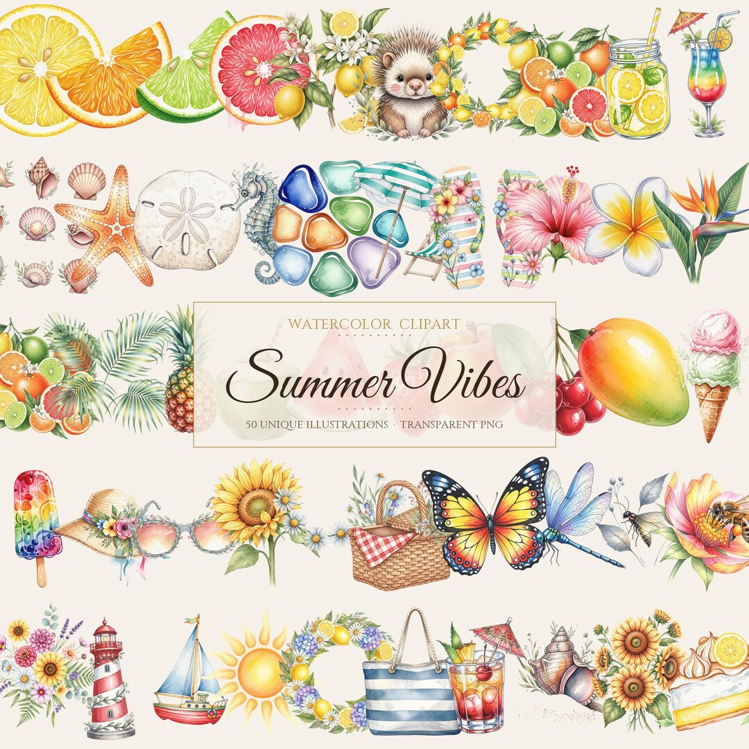 Watercolor Summer Clipart Bundle, Tropical Beach Citrus Pngs (digital ...