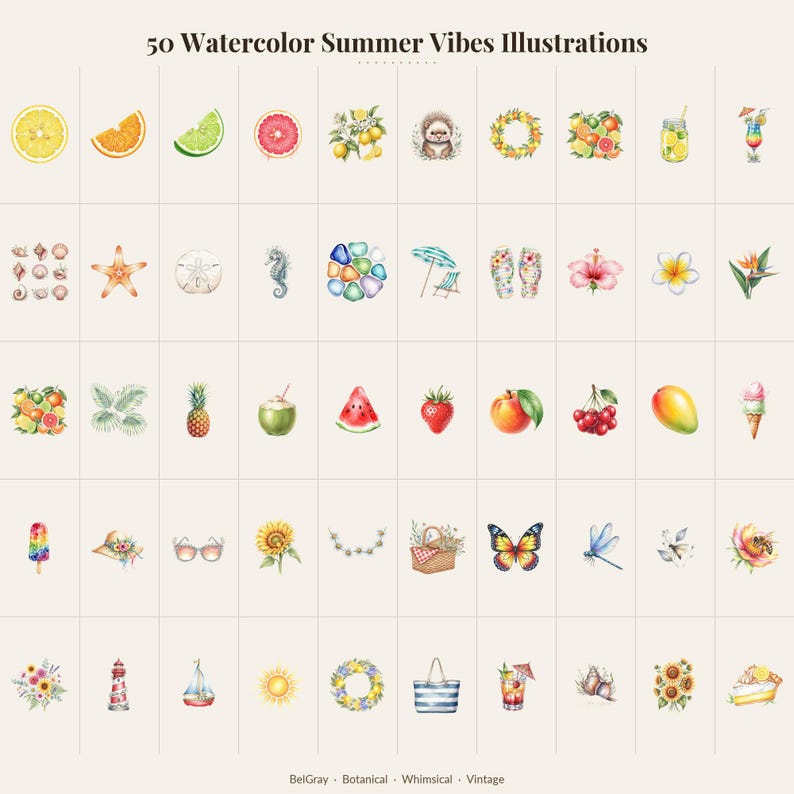 Watercolor Summer Clipart Bundle, Tropical Beach Citrus Pngs (digital ...