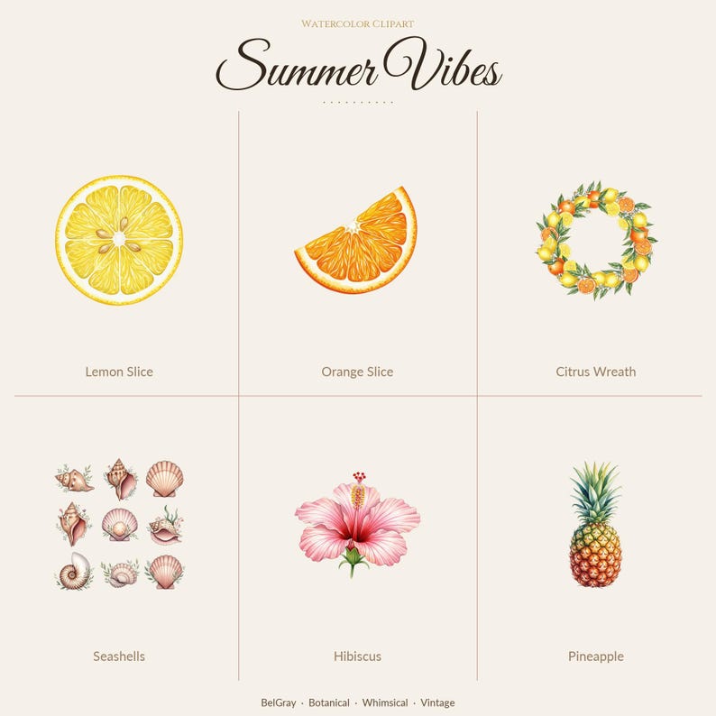 Watercolor Summer Clipart Bundle, Tropical Beach Citrus Pngs (digital ...
