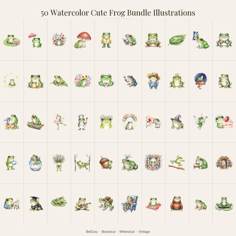 Watercolor Frog Clipart PNG Bundle, 50 Cute Kawaii Frogs, Cottagecore ...