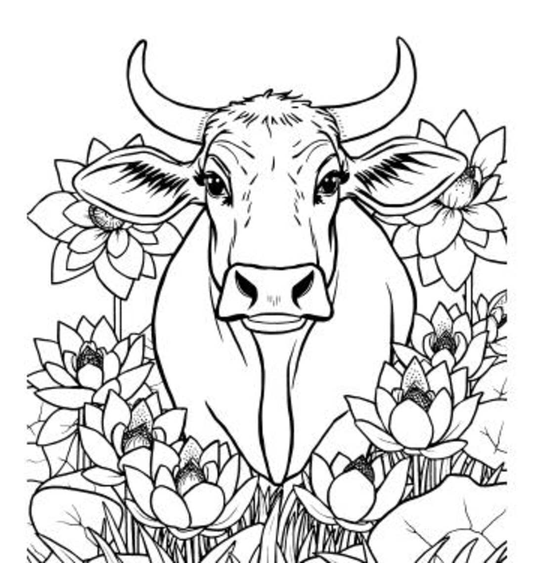 Cow Love and Lotus Madhubani Art Coloring Pages #F12 - Etsy