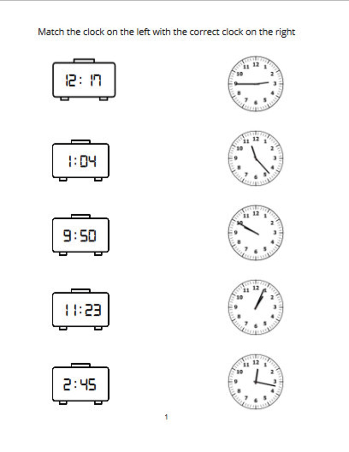 Common Core Telling Time Matching worksheets #1 - Etsy