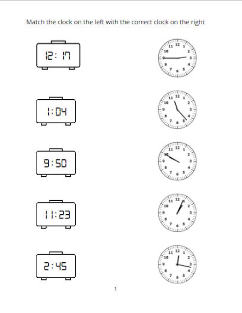 Common Core Telling Time Matching worksheets #1 - Etsy