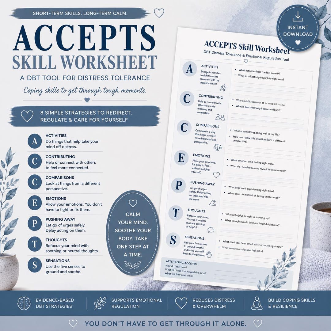 ACCEPTS Skill Worksheet | DBT Distress Tolerance Printable | Emotional ...