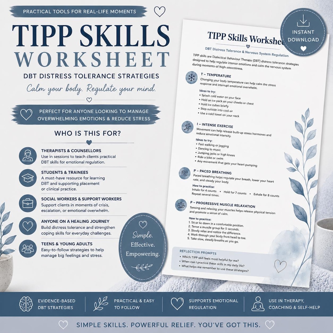 TIPP Skills Worksheet | DBT Distress Tolerance Skills | Emotional ...