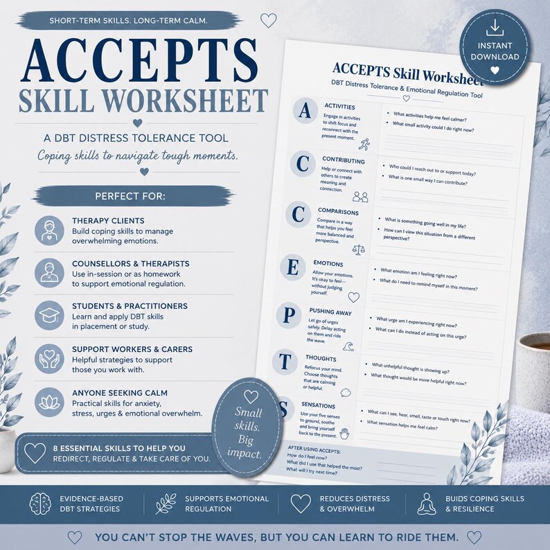ACCEPTS Skill Worksheet | DBT Distress Tolerance Printable | Emotional ...