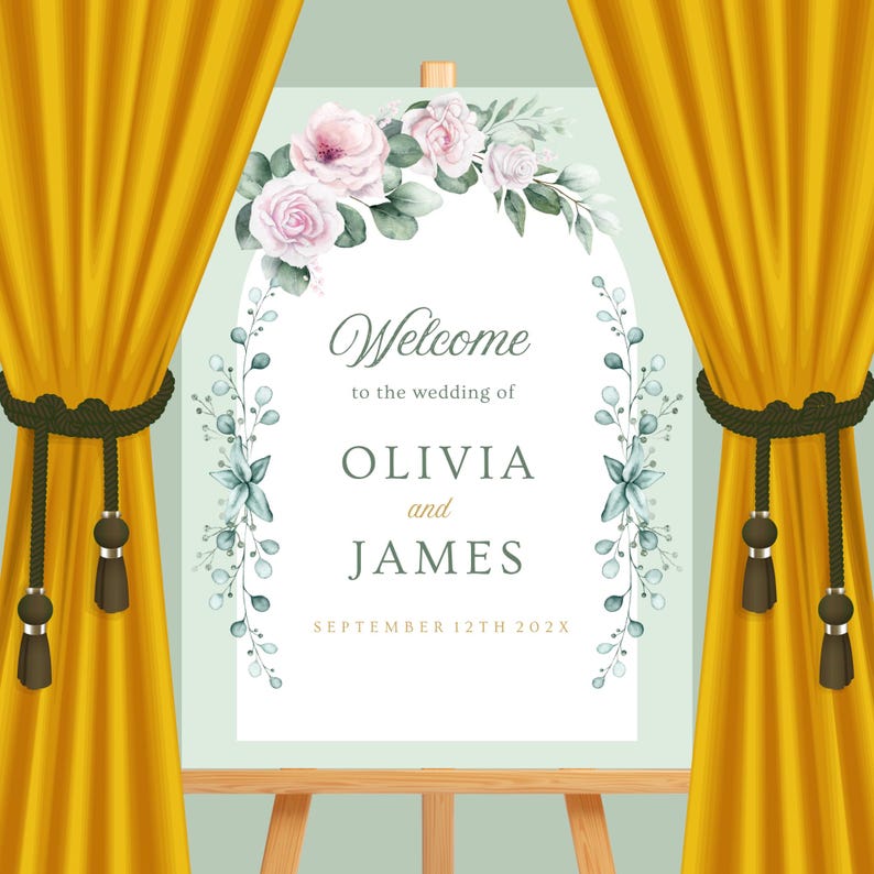 Floral Wedding Welcome Sign Template, Editable Watercolor Roses, Sage ...