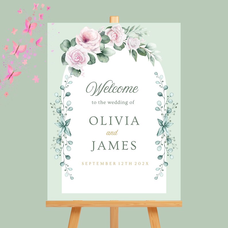 Floral Wedding Welcome Sign Template, Editable Watercolor Roses, Sage ...