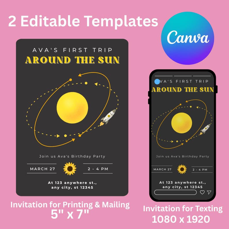 First Trip Around Sun Birthday Invitation, Space Theme, Editable ...