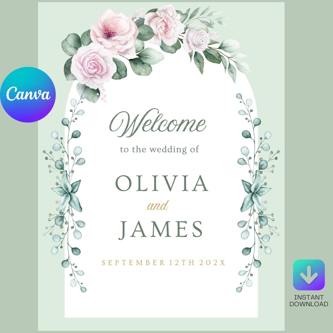Floral Wedding Welcome Sign Template, Editable Watercolor Roses, Sage ...