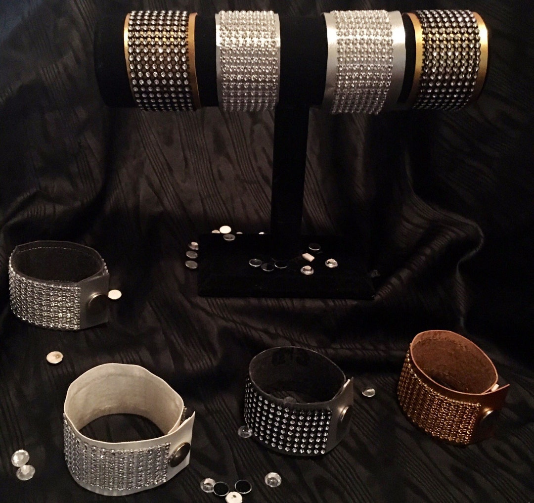 Leather & Rhinestone Cuff Bracelets (black, Gold, Silver) Custom Order ...