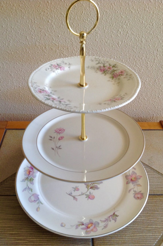 3 Tier Dessert Server Cake Plate Stand Pastel Pink Rose | Etsy